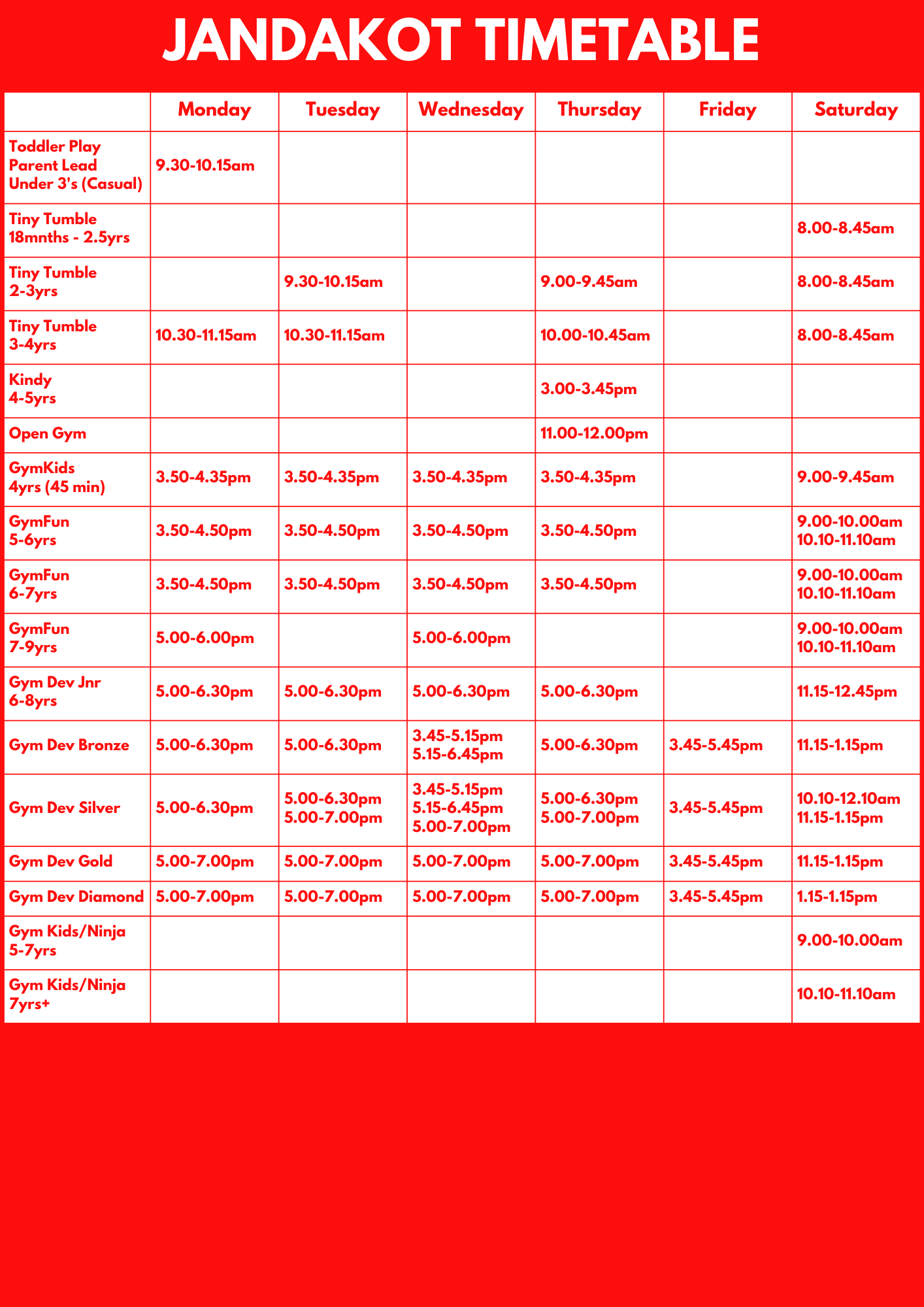 Time Table » Active Gymnastics